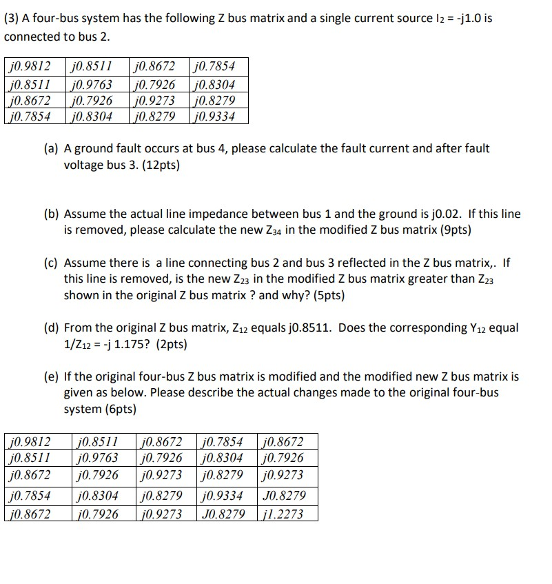 Solved (3) A four-bus system has the following Z bus matrix | Chegg.com