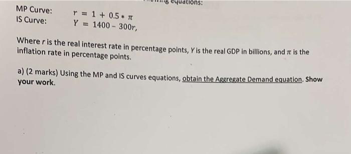 Solved 5 equations: MP Curve: r = 1 + 0.57 IS Curve: Y = | Chegg.com