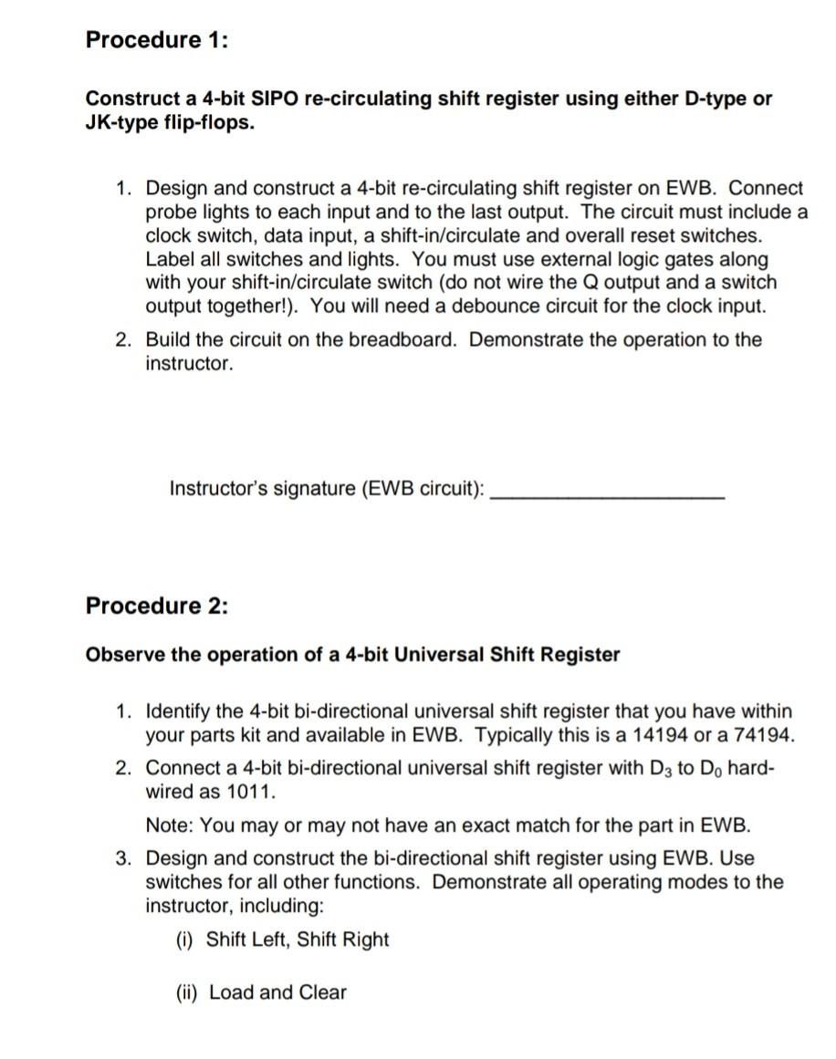 Solved Procedure 1: Construct a 4-bit SIPO re-circulating | Chegg.com