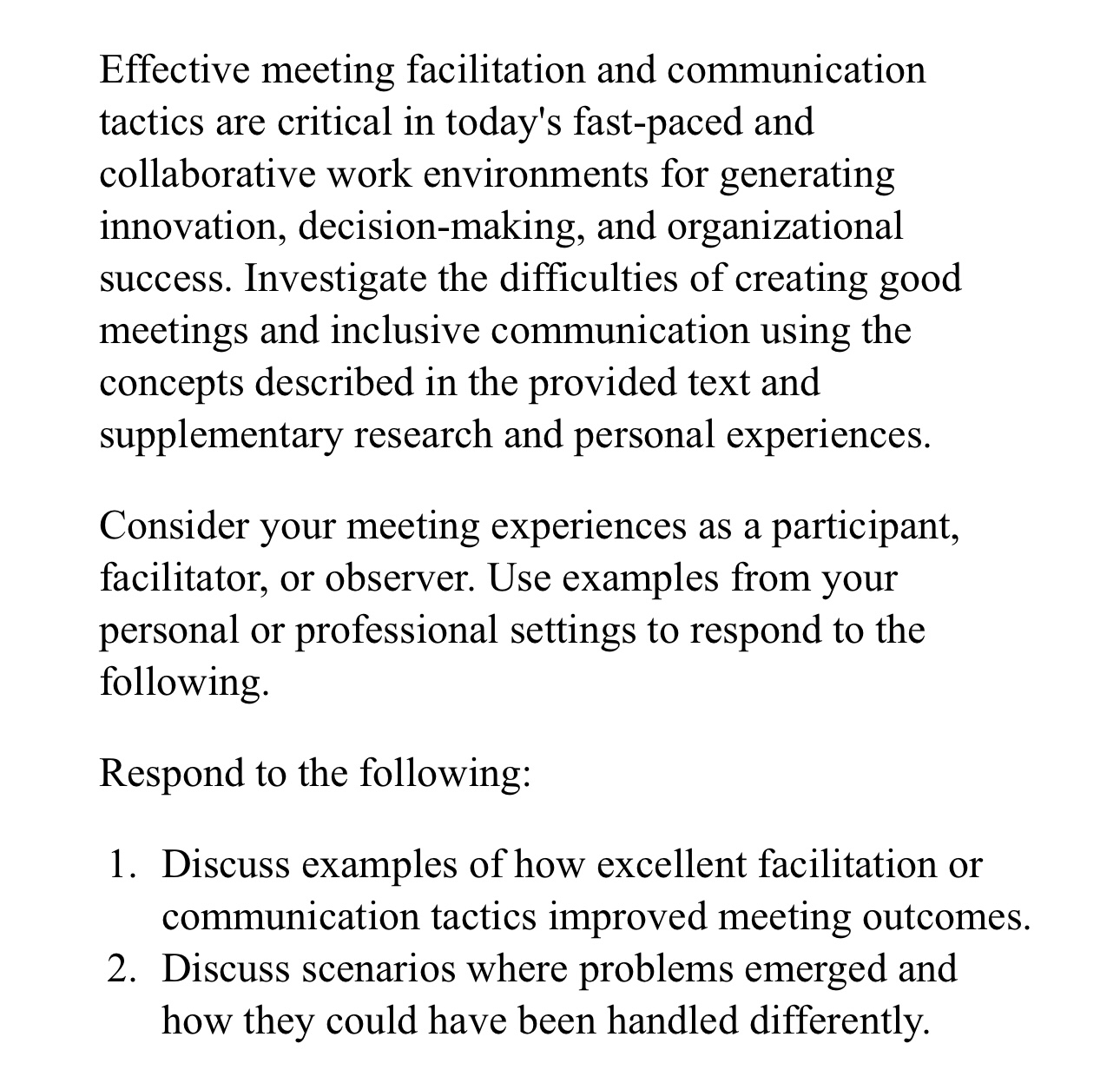 Solved Effective meeting facilitation and communication | Chegg.com