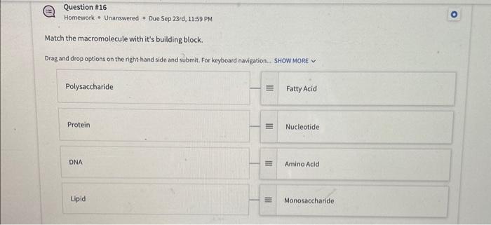 Solved Match the macromolecule with it's building block. | Chegg.com