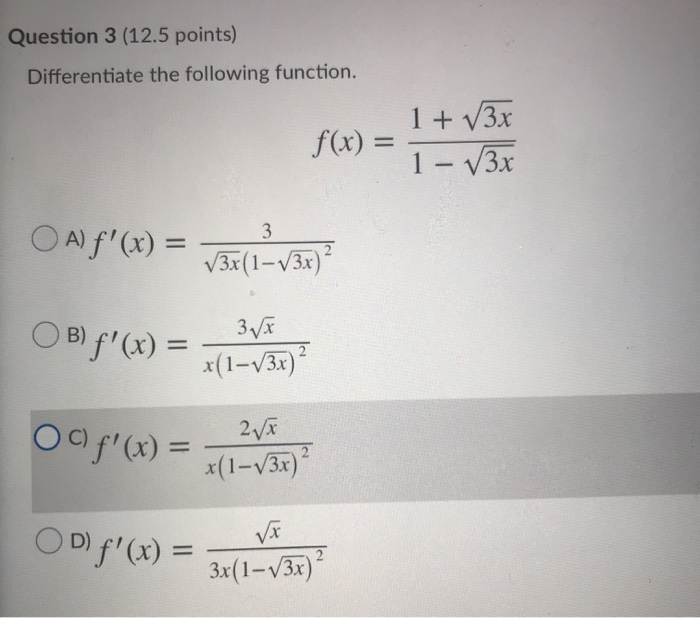 Solved Differentiate the following function. y=(1+ 3c) O A | Chegg.com