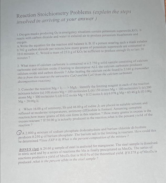 Solved Reaction Stoichiometry Problems (explain the steps | Chegg.com