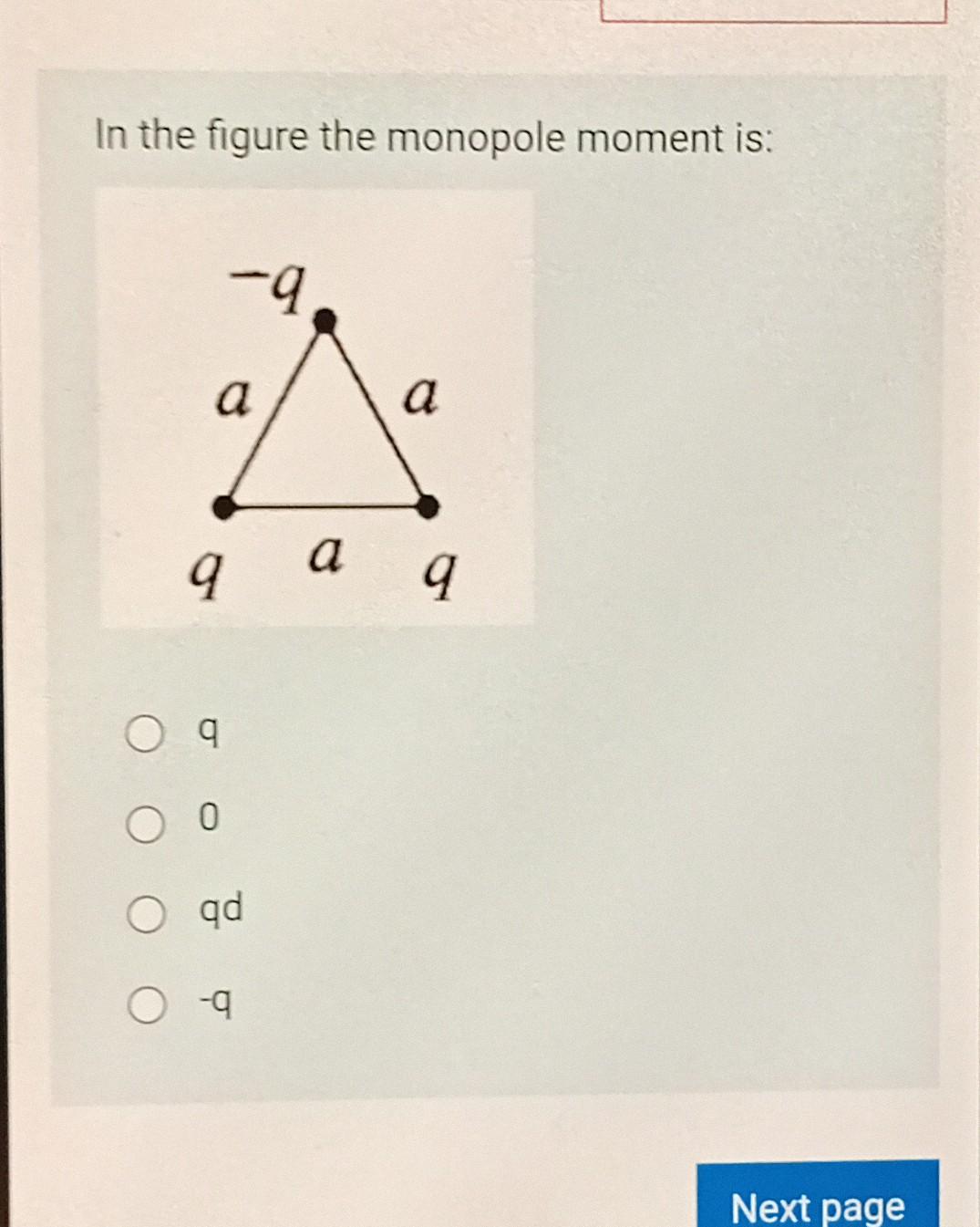 Solved In the figure the monopole moment is: q 0 qd −q | Chegg.com