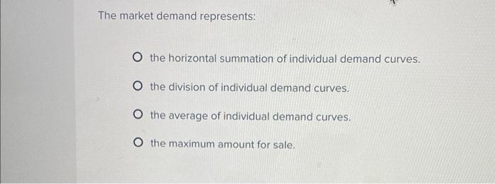 Solved The market demand represents: the horizontal | Chegg.com