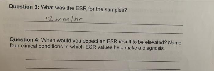 Solved Question 3: What was the ESR for the samples? 12mm/hr | Chegg.com