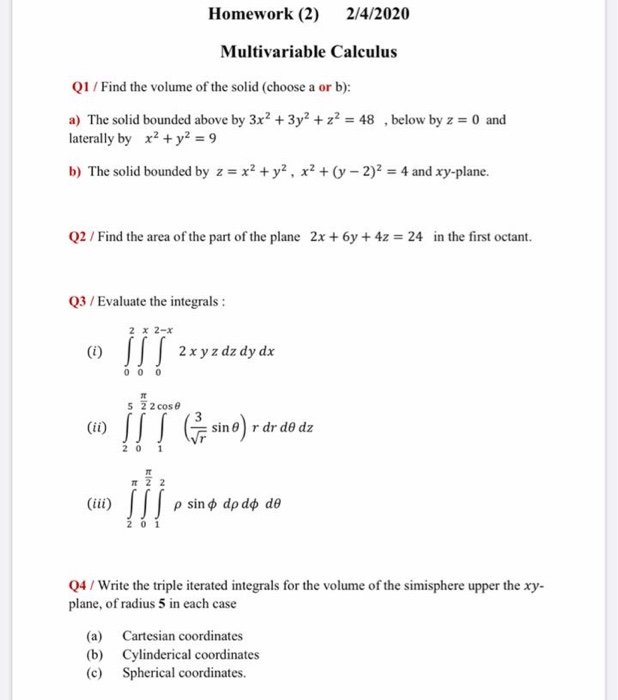 Solved Homework (2) 2/4/2020 Multivariable Calculus Q1 / | Chegg.com