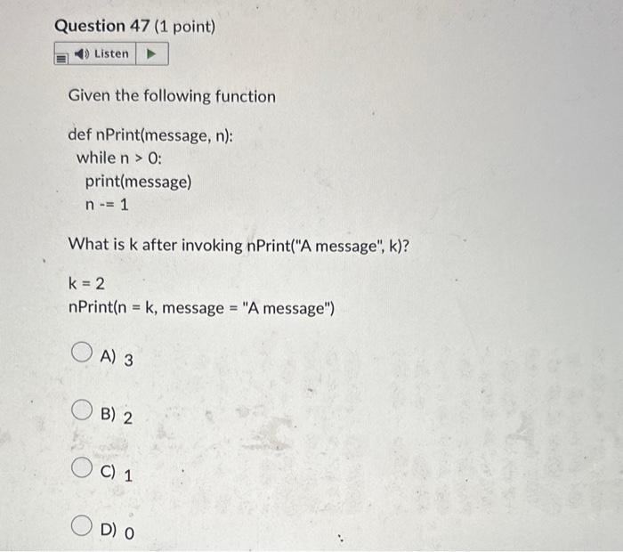 Solved Question 47 (1 point) Given the following function | Chegg.com