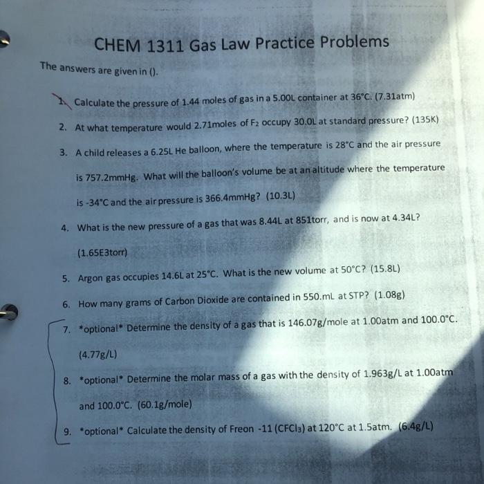 Solved CHEM 1311 Gas Law Practice Problems The answers are | Chegg.com