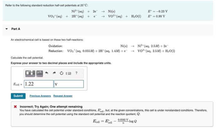 Solved Reler to the following standard reduction half-cell | Chegg.com