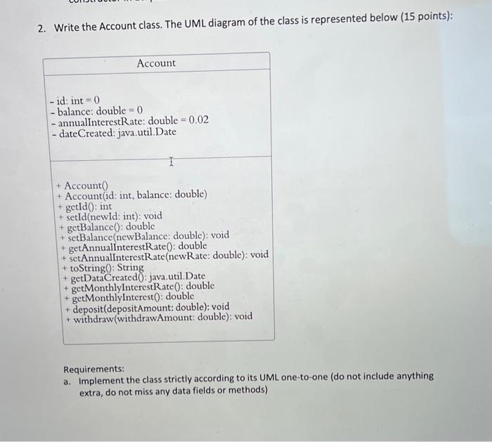 Solved 2. Write the Account class. The UML diagram of the | Chegg.com