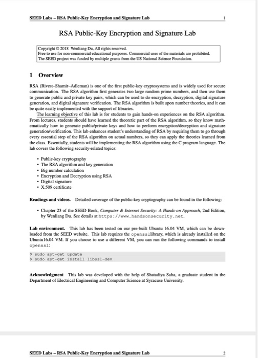 1 SEED Labs - RSA Public-Key Encryption and Signature | Chegg.com