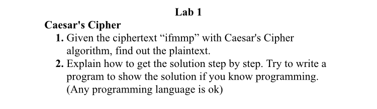 Solved Lab 1Caesar's CipherGiven the ciphertext "ifmmp" with | Chegg.com