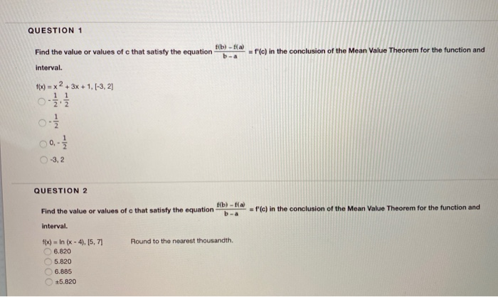 Solved QUESTION 1 f(b) f(a) Find the value or values of c | Chegg.com