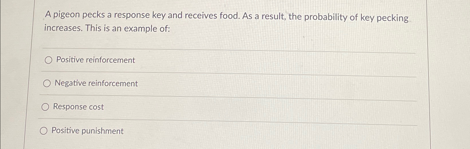 Solved A pigeon pecks a response key and receives food. As a | Chegg.com