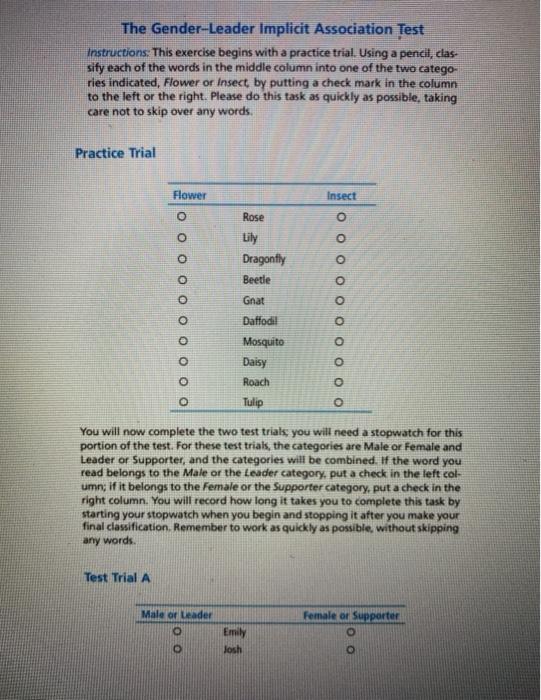 Complete the gender-leader implicit association test | Chegg.com