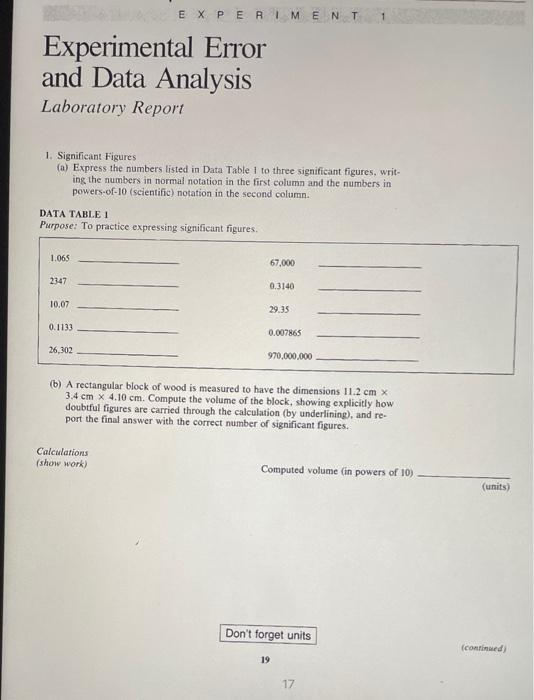 Solved Experimental Error and Data Analysis Laboratory | Chegg.com