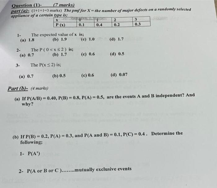 Solved Question (1)- (7 marks) part (a) - (1+1+1=3 marks) | Chegg.com