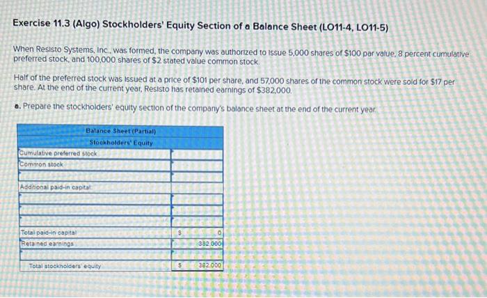 Solved Exercise 11.3 (Algo) Stockholders' Equity Section of | Chegg.com