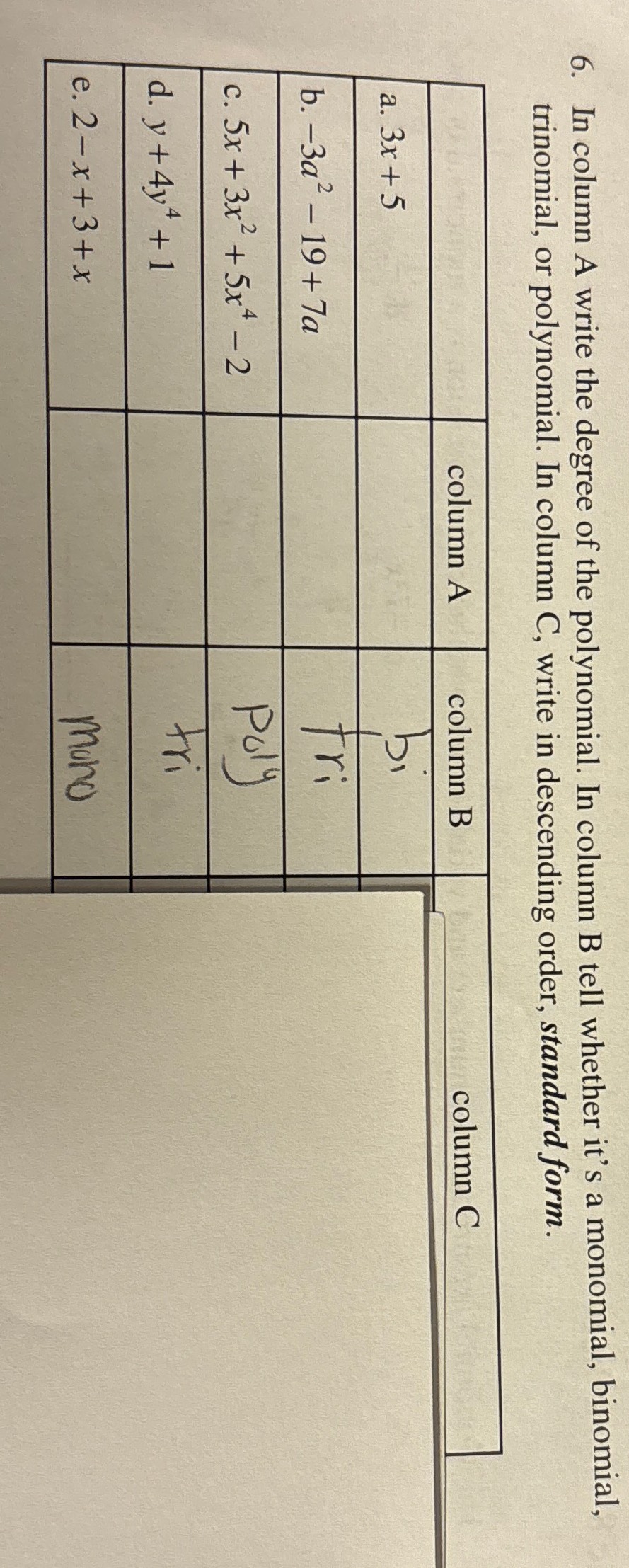 Solved In column A write the degree of the polynomial. In | Chegg.com