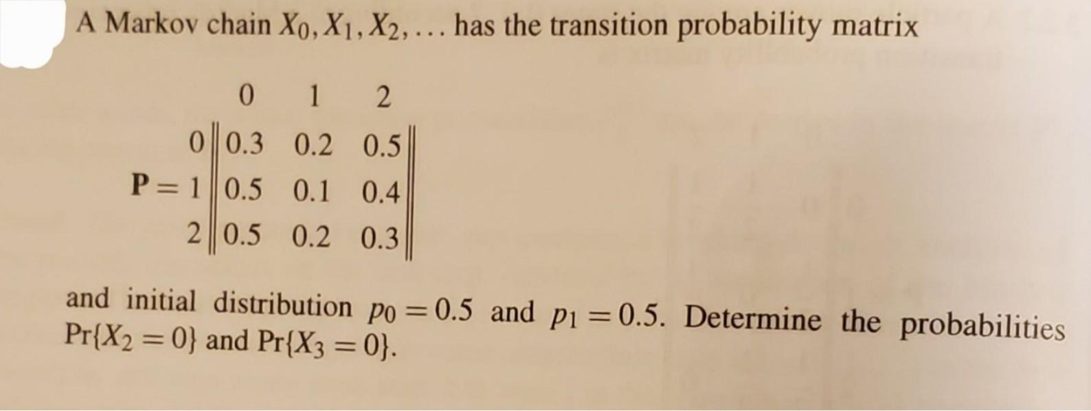 Solved A Markov chain X0,X1,X2,… has the transition | Chegg.com