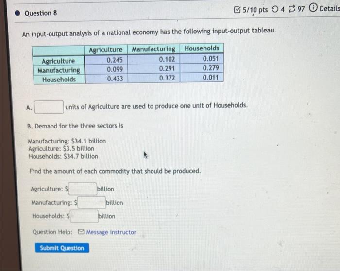 Solved Question 8 An input-output analysis of a national | Chegg.com
