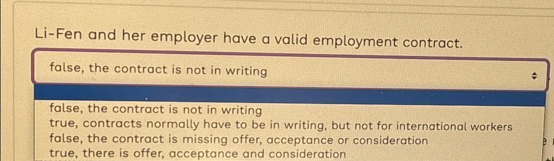 Solved Li-Fen and her employer have a valid employment | Chegg.com