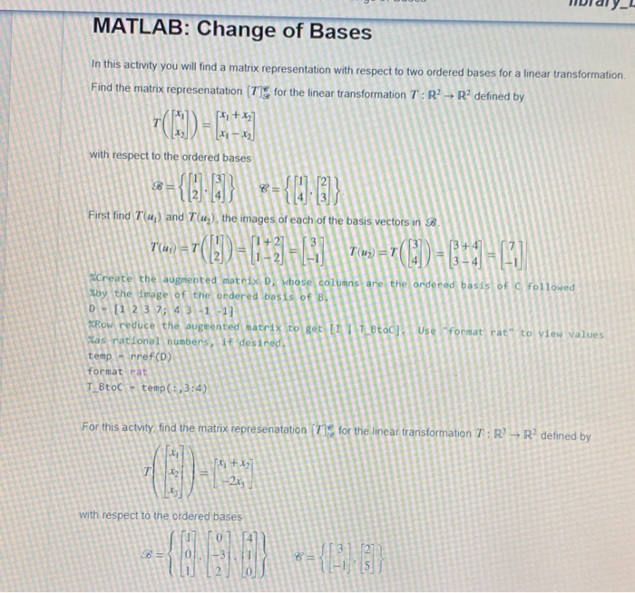 MATLAB: Change of Bases In this activity you will | Chegg.com