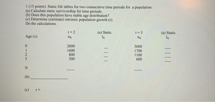 Solved 1 (15 points). Static life tables for two consecutive | Chegg.com