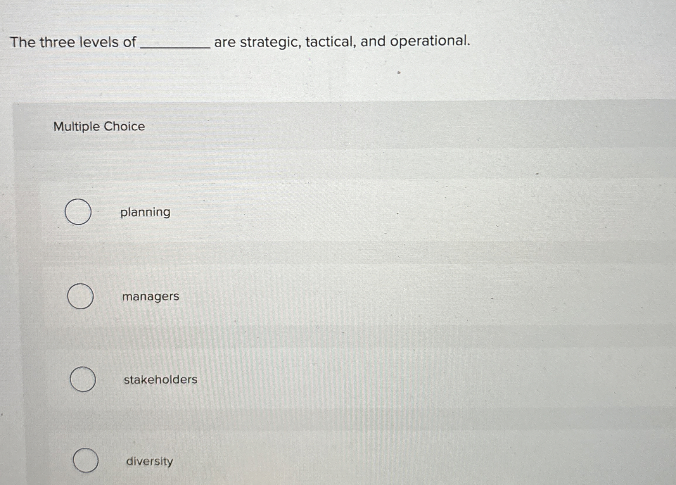 Solved The three levels ofare strategic, tactical, and | Chegg.com