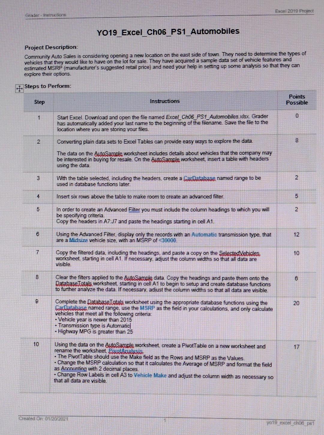 Solved Y019_Excel_Ch06_PS1_Automobiles Project | Chegg.com