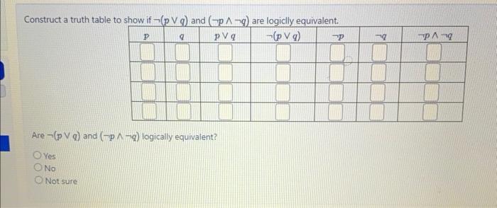 Solved Construct a truth table to show if ¬(p∨q) and (¬p∧¬q) | Chegg.com