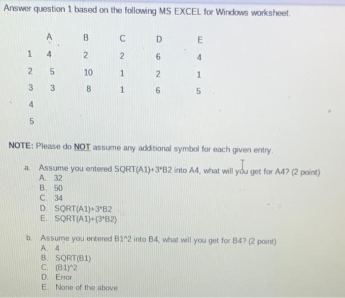 Solved Answer question 1 based on the following MS EXCEL for | Chegg.com