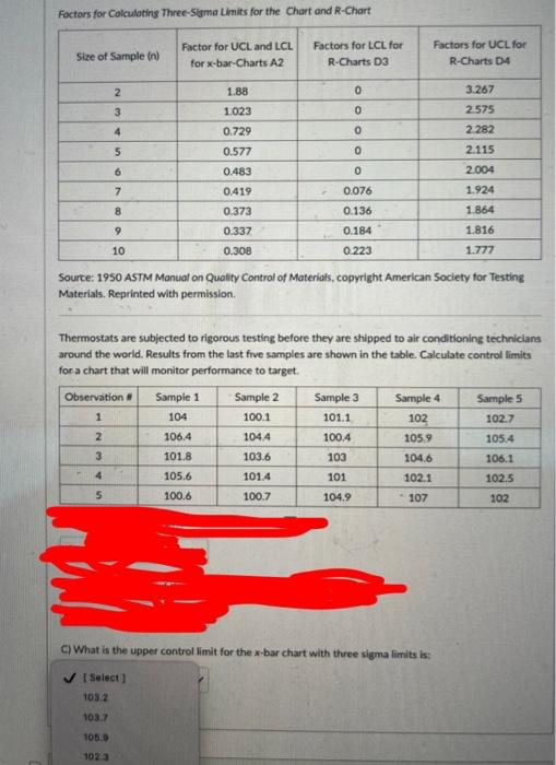 Factors for Calculating Three-Sigma Limits for the | Chegg.com