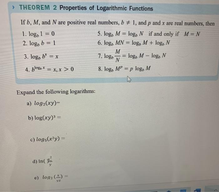 Solved > THEOREM 2 Properties of Logarithmic Functions If b, | Chegg.com