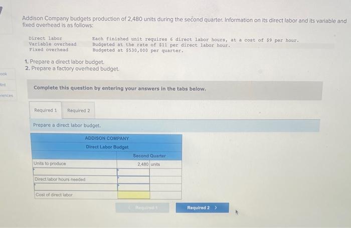 Solved Addison Company budgets production of 2,480 units | Chegg.com