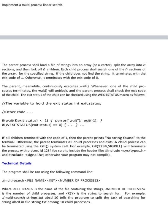Solved Implement a multi-process linear search. The parent | Chegg.com