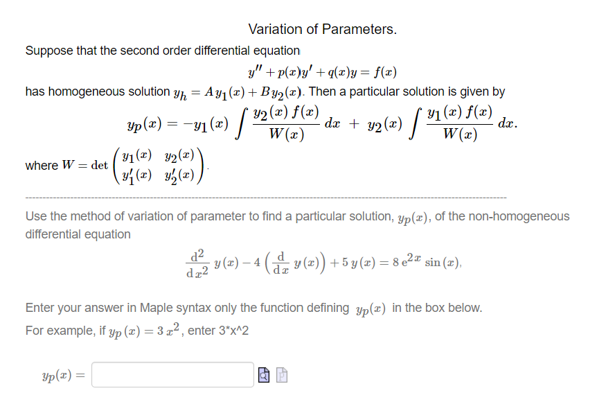 Solved Variation of Parameters.Suppose that the second order | Chegg.com