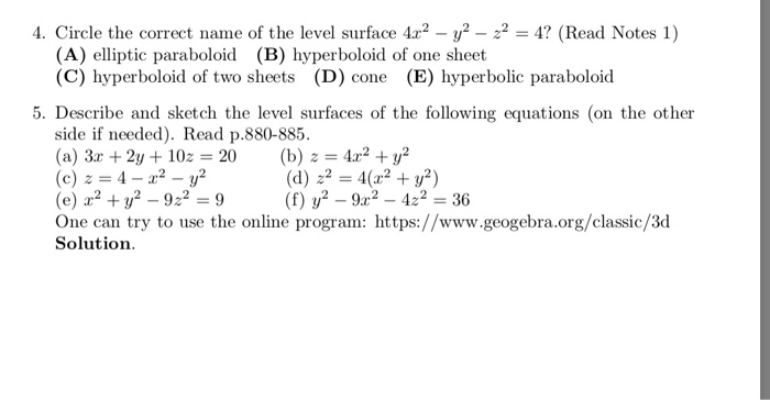 Solved 4. Circle the correct name of the level surface 4.x2 | Chegg.com