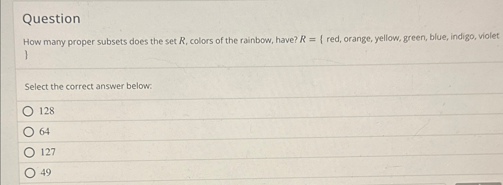 Solved QuestionHow many proper subsets does the set R, | Chegg.com