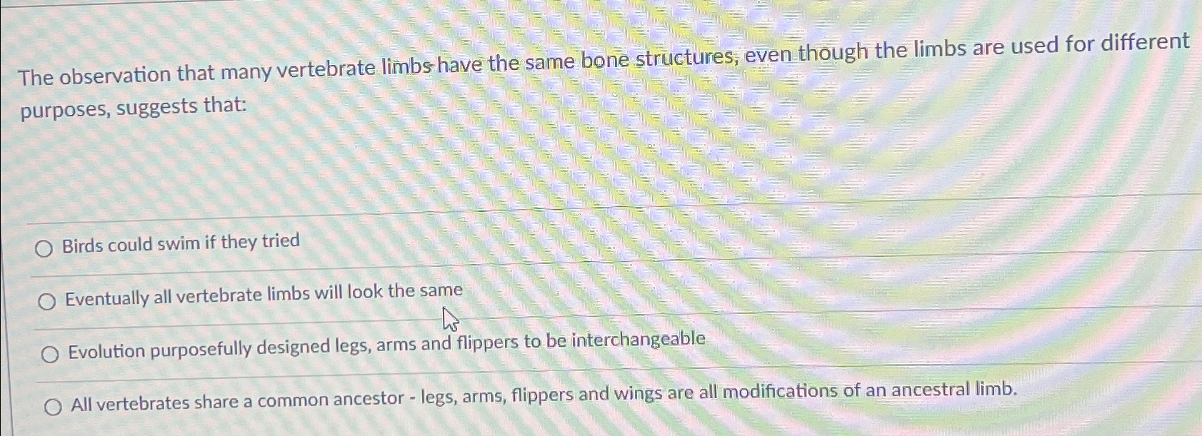 Solved The observation that many vertebrate limbs have the | Chegg.com