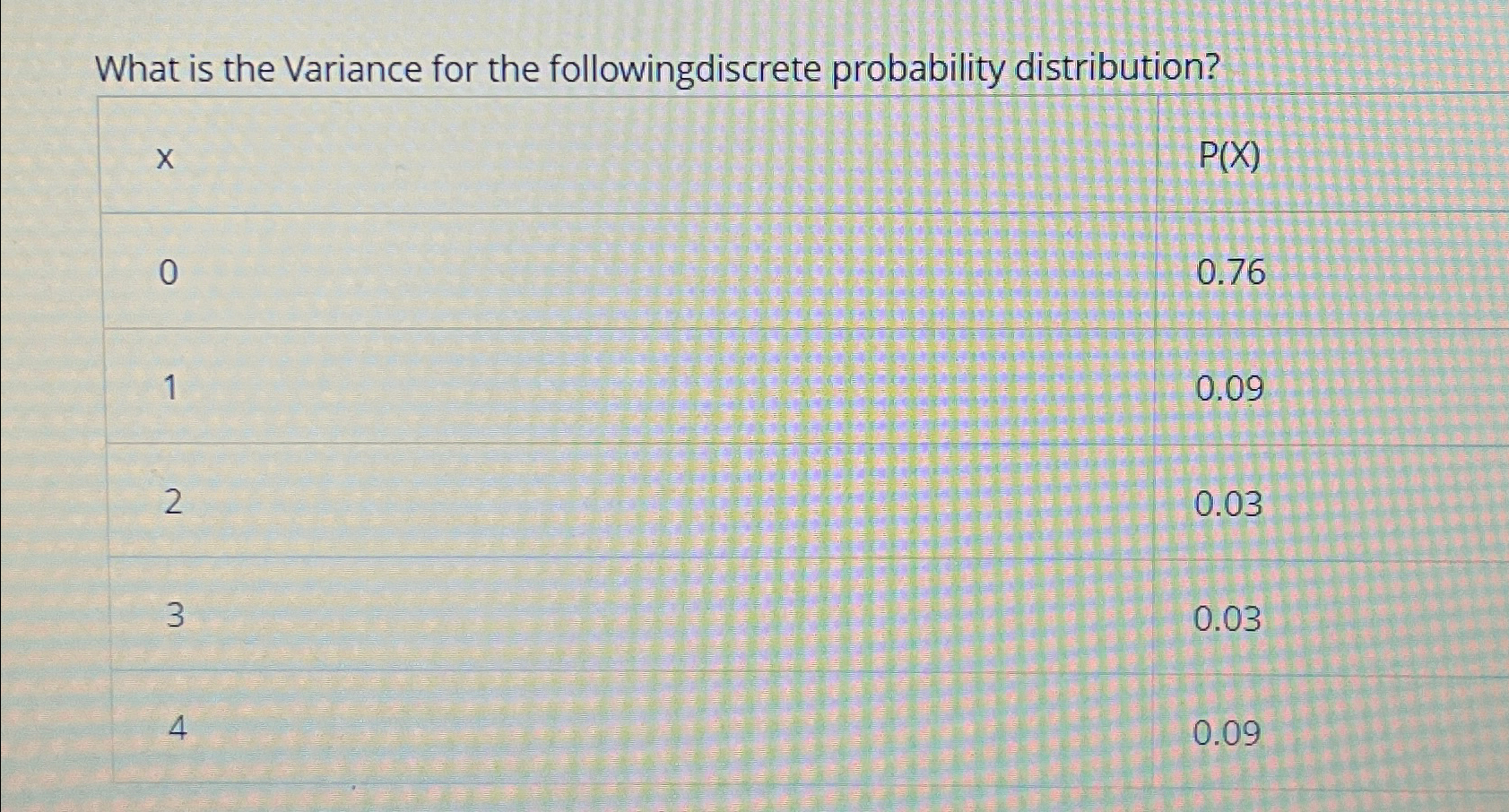 Solved What is the Variance for the followingdiscrete | Chegg.com