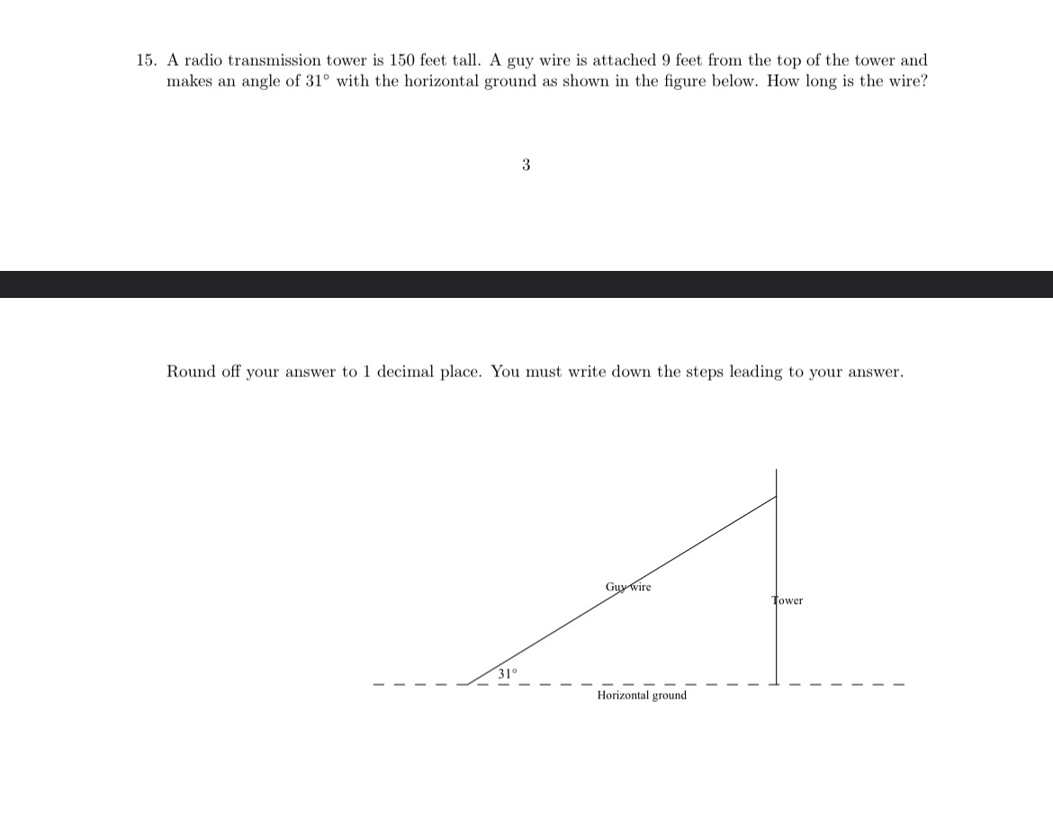 Solved A radio transmission tower is 150 ﻿feet tall. A guy | Chegg.com