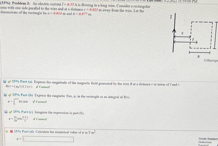 Solved 2022 11:39:00 PM (33%) Problem 3: An electric current | Chegg.com