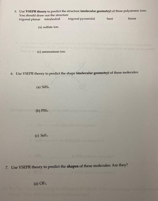 Solved 5. Use VSEPR theory to predict the structure | Chegg.com