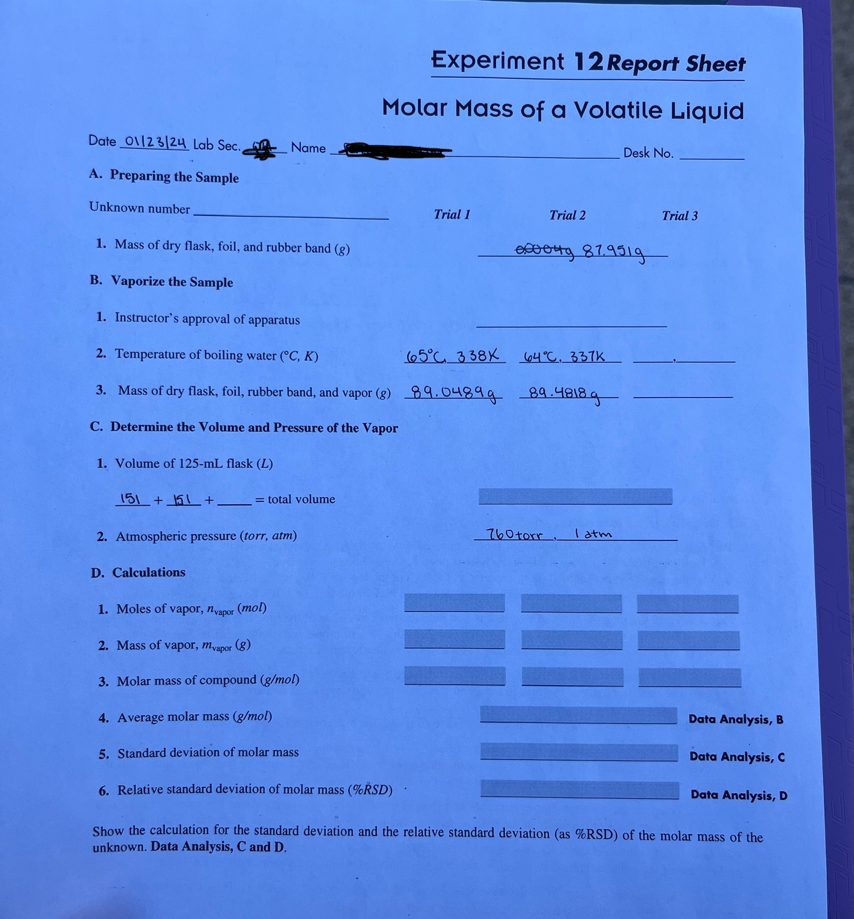 Solved Experiment 12 ﻿Report SheetMolar Mass of a Volatile | Chegg.com