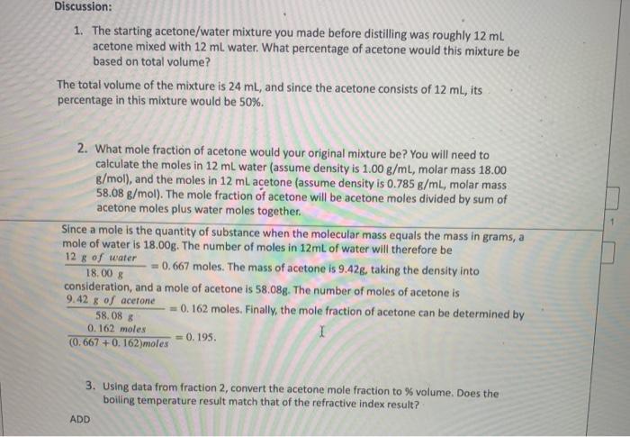 Solved 1. The starting acetone/water mixture you made before | Chegg.com
