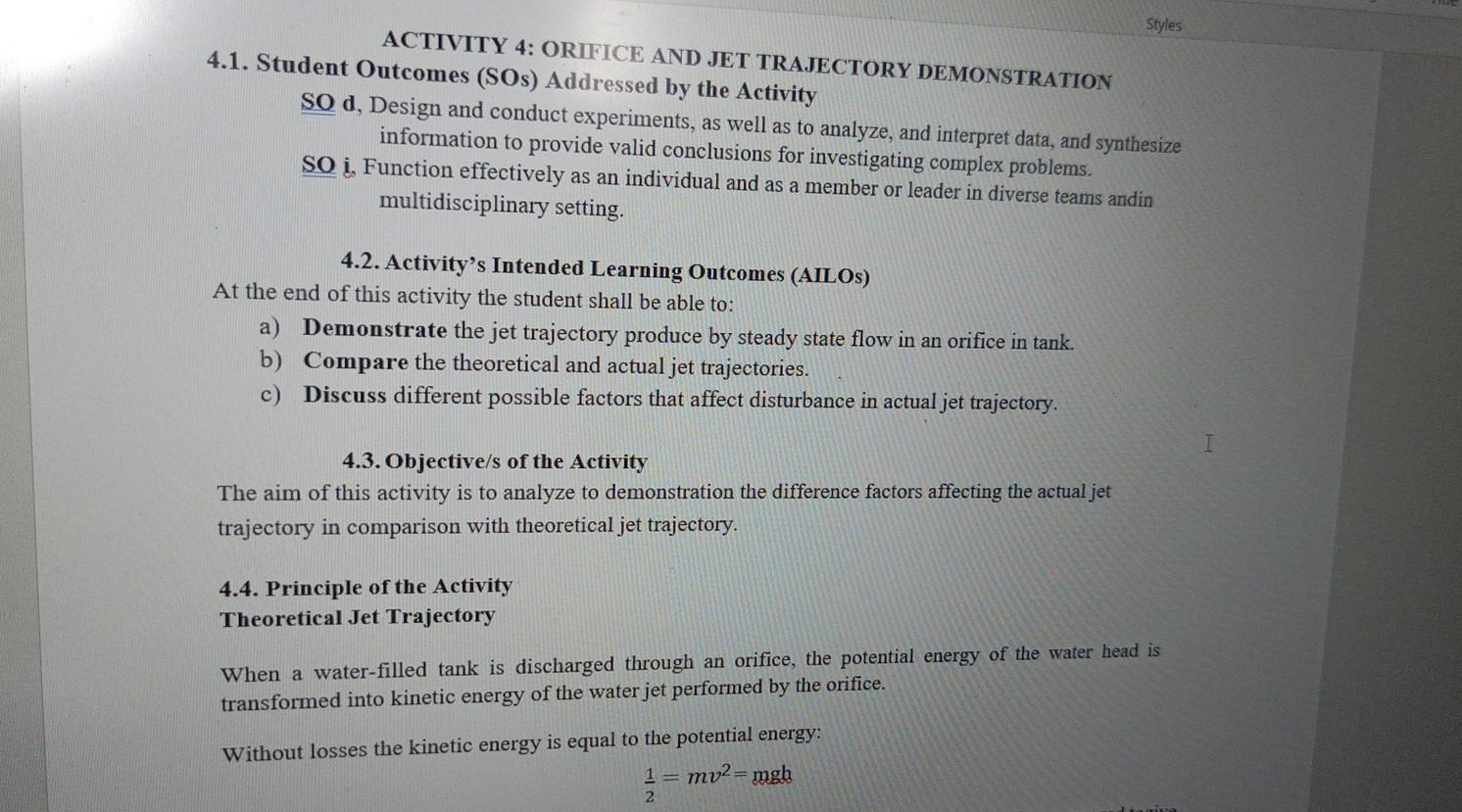 Solved Styles ACTIVITY 4: ORIFICE AND JET TRAJECTORY | Chegg.com
