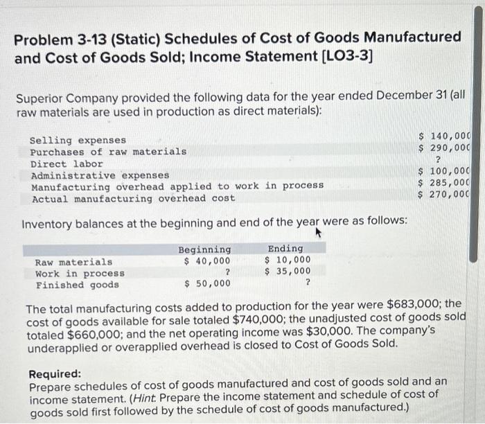 Solved Problem 3-13 (Static) Schedules of Cost of Goods | Chegg.com