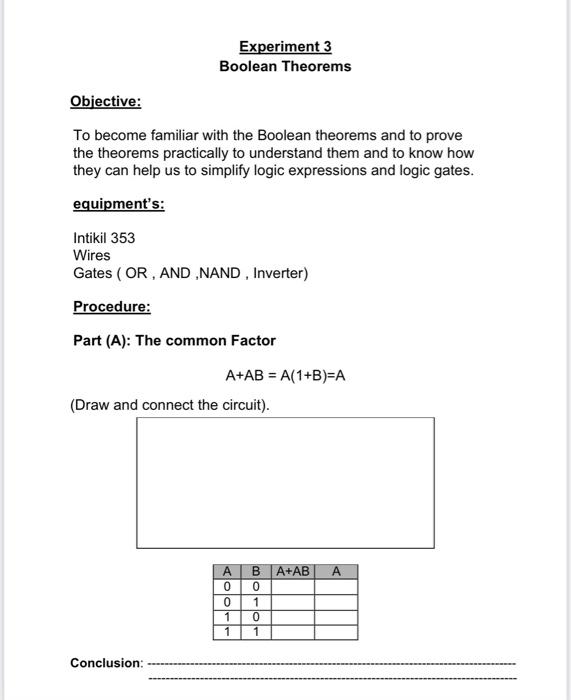 Solved Experiment 3 Boolean Theorems Objective: To become | Chegg.com